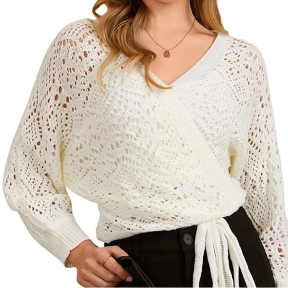 scorpioQ”s closet | Sweaters | Chic Cream Vneck Crochet Wrap Lookalike ...